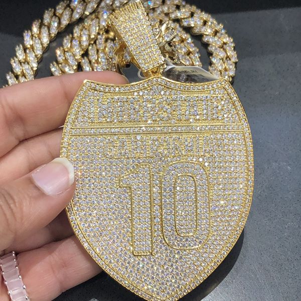 Mens Iced Out Created Diamond 14k Gold Finish Interstate 10 Pendant