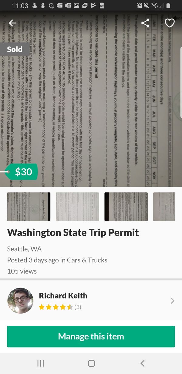 Washington State Trip Permit For Sale In Seattle WA OfferUp