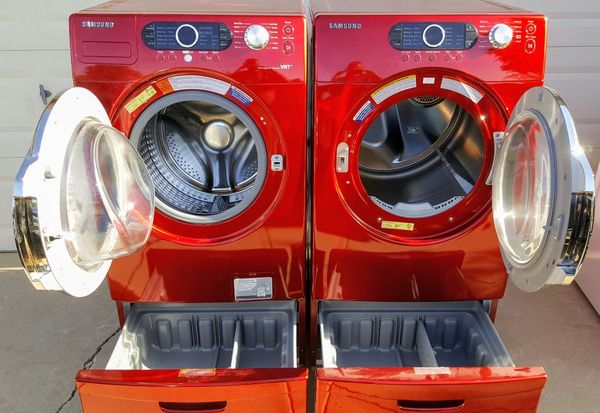 RED SAMSUNG FRONT LOAD WASHER & ELECTRIC DRYER WITH PEDESTALS for Sale ...